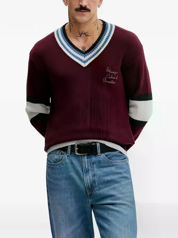 BENETTON Striped V-neck Sweater - Red