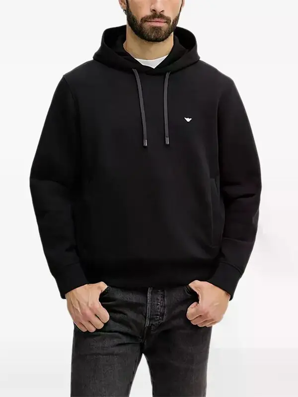 Emporio Armani Micro-eagle Embroidered Double Jersey Hoodie - Black
