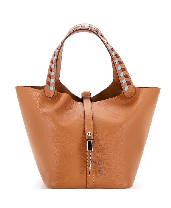 Hermès Mm Picotin Lock Bag Tressage Epsom - Brown/ Blue/ Brown/ Red