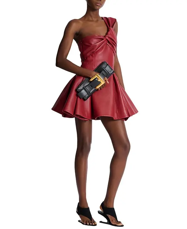 Balmain Smooth Leather One-shoulder Dress - Red