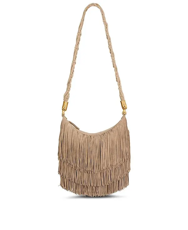 Balmain Ebene Hobo Fringed Suede Bag - Beige