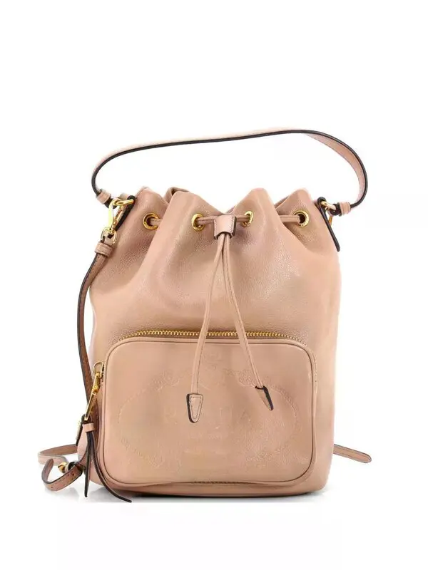 Prada Logo Drawstring Glace Calf Small Bucket Bag - Neutrals