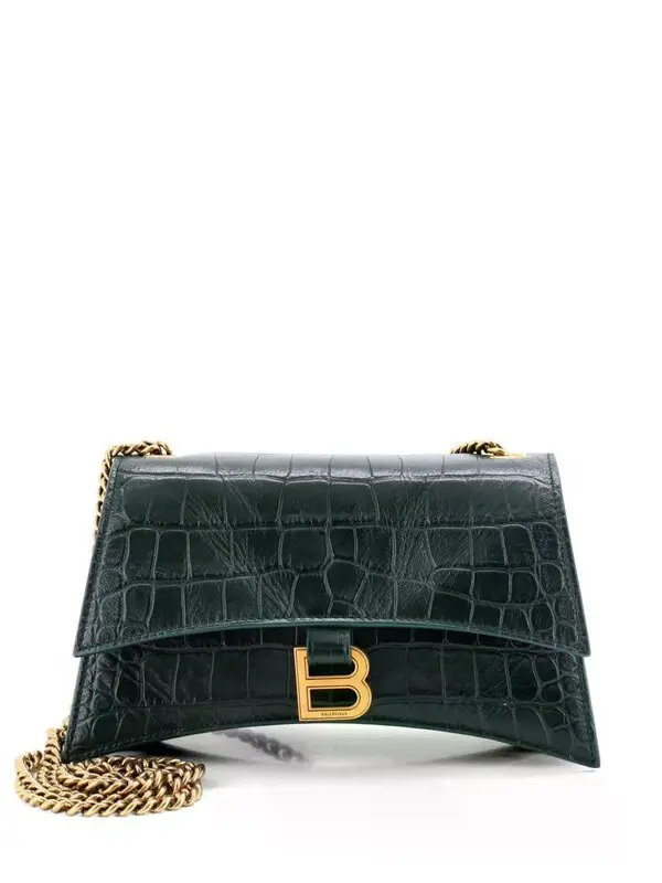 Balenciaga Hourglass Chain Wallet Crocodile Embossed Leather Clutch - Green