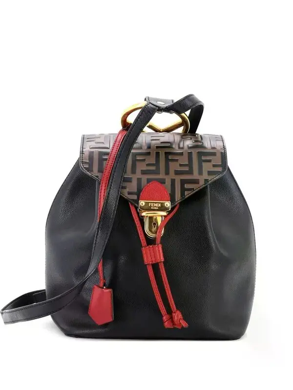 Fendi Drawstring Flap Leather With Zucca Embossed Detail Small Backpack - Black
