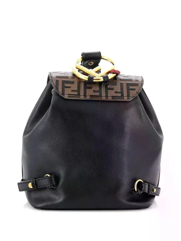 Fendi Drawstring Flap Leather With Zucca Embossed Detail Small Backpack