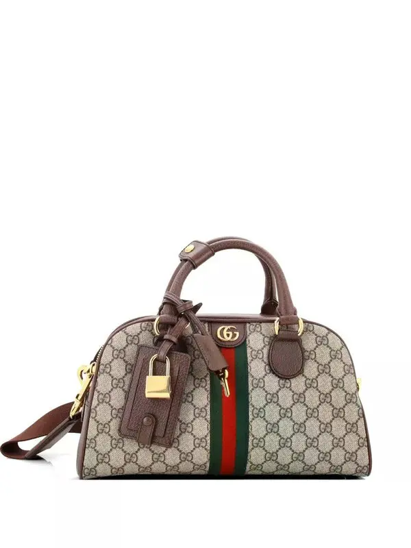 Gucci Ophidia Convertible Boston Top Handle Bag Gg Coated Canvas With Leather Medium Satchel - Brown