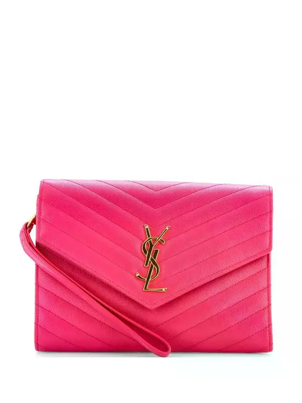 Saint Laurent Classic Monogram Envelope Wristlet Matelasse Chevron Leather Clutch Bag - Pink
