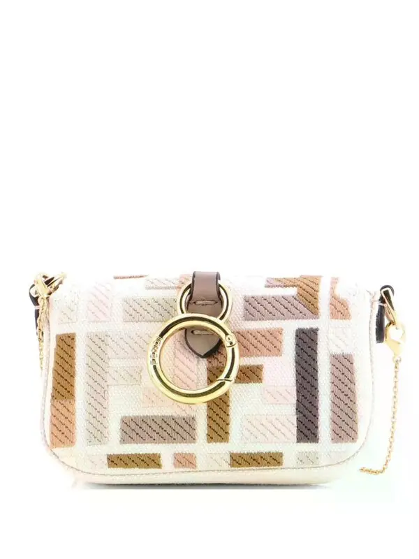 Fendi Chain Baguette Charm Zucca Embroidered Nano Crossbody Bag - Neutrals