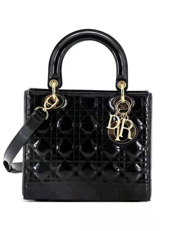 Dior Lady Medium Satchel Cannage Quilt Patent - Black