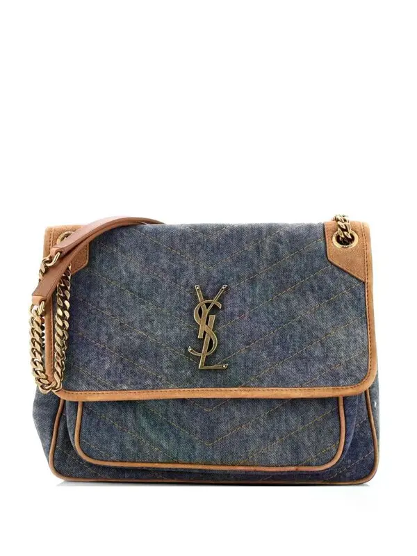 Saint Laurent Niki Chain Flap Bag Matelassé Chevron Denim With Suede - Blue