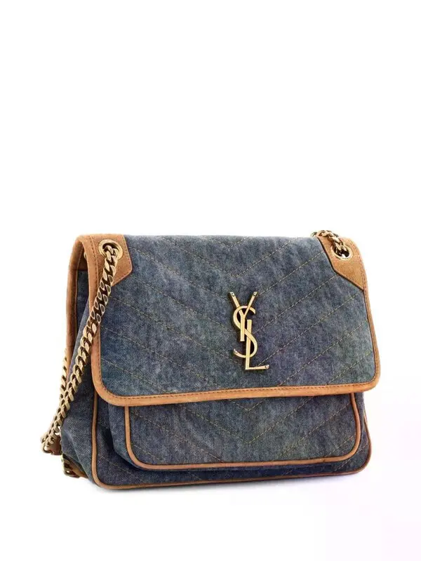 Saint Laurent Niki Chain Flap Bag Matelassé Chevron Denim With Suede - Blue