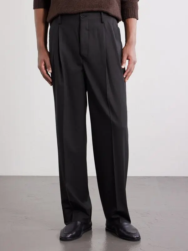 KAPTAIN SUNSHINE Straight-leg Pleated Wool-poplin Trousers - Black