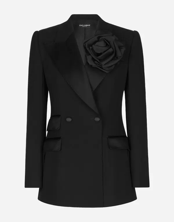 Dolce & Gabbana Double-breasted Woolen Jacket With Flower Appliqu - Black