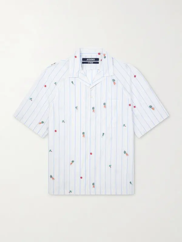 Jacquemus La Chemise Romarin Embroidered Striped Cotton-poplin Shirt - Blue