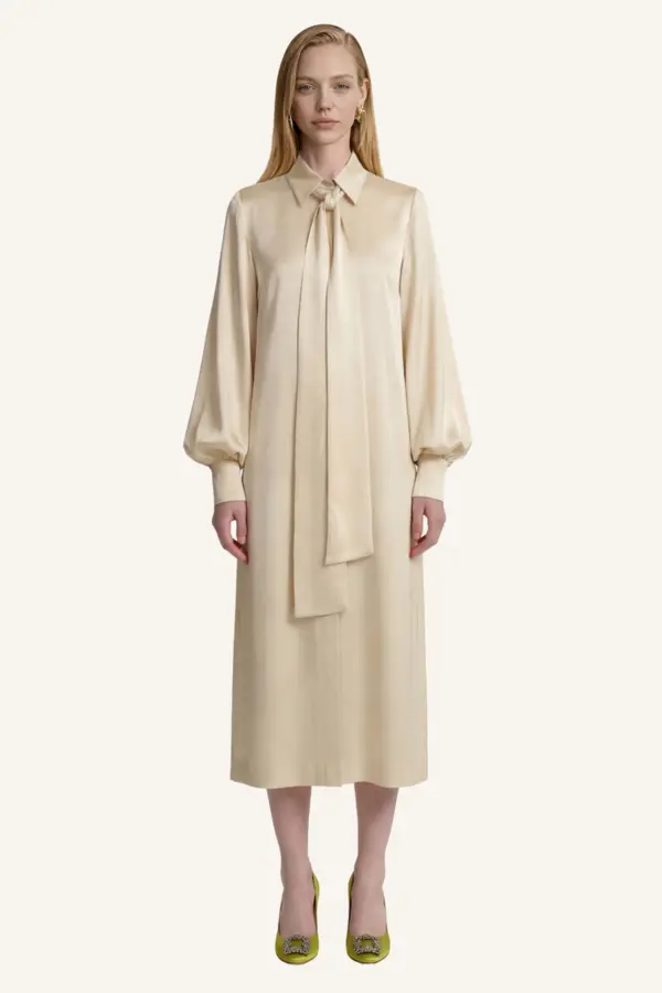 Aiste Hong Tie-neck Silk Shirt Dress - Cream
