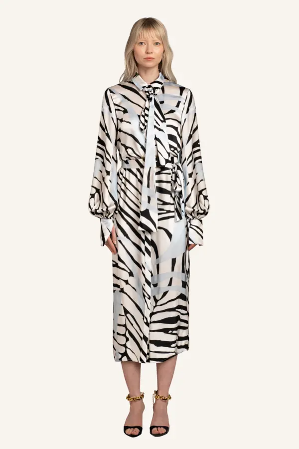 Aiste Hong Tie-neck Silk Shirt Dress - Black Stripes