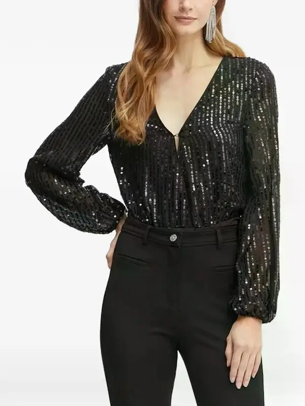 Bardot Sequin-embellished Long-sleeve Top - Black