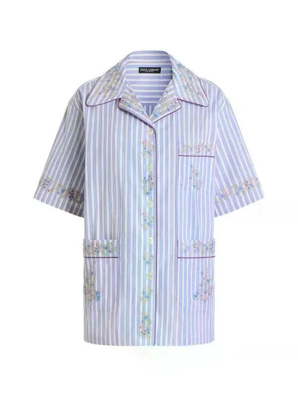 Dolce & Gabbana Cotton Shirt With Flower Embroidery - Blue