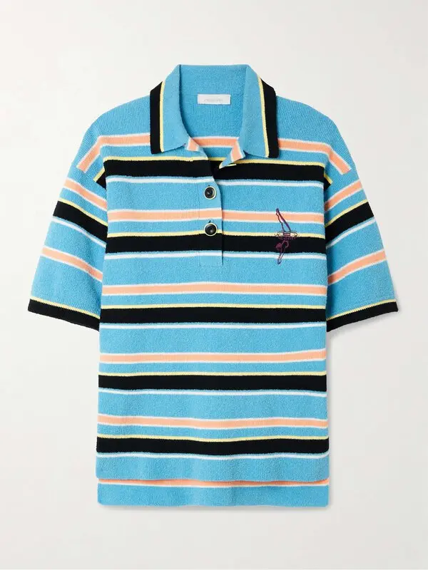 Rabanne Embroidered Striped Cotton-blend Terry Polo Shirt - Blue
