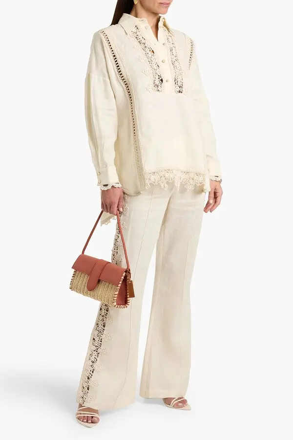 Zimmermann Crochet-trimmed Wide-leg Linen Pants