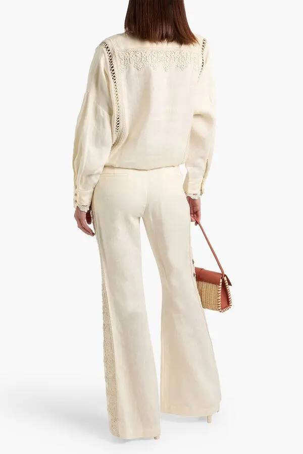 Zimmermann Crochet-trimmed Wide-leg Linen Pants