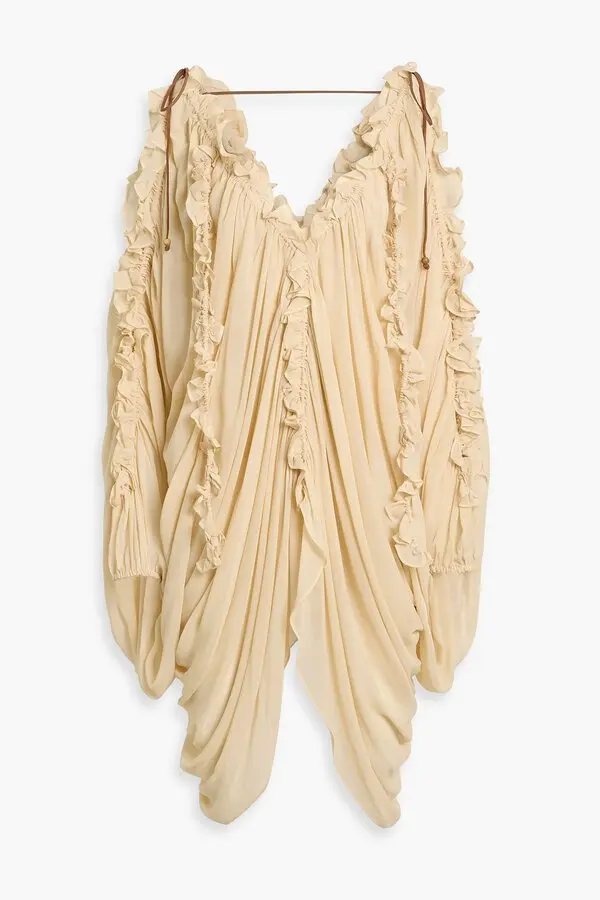Zimmermann Coldsoulder Ruffled Draped Chiffon Blouse - Beige