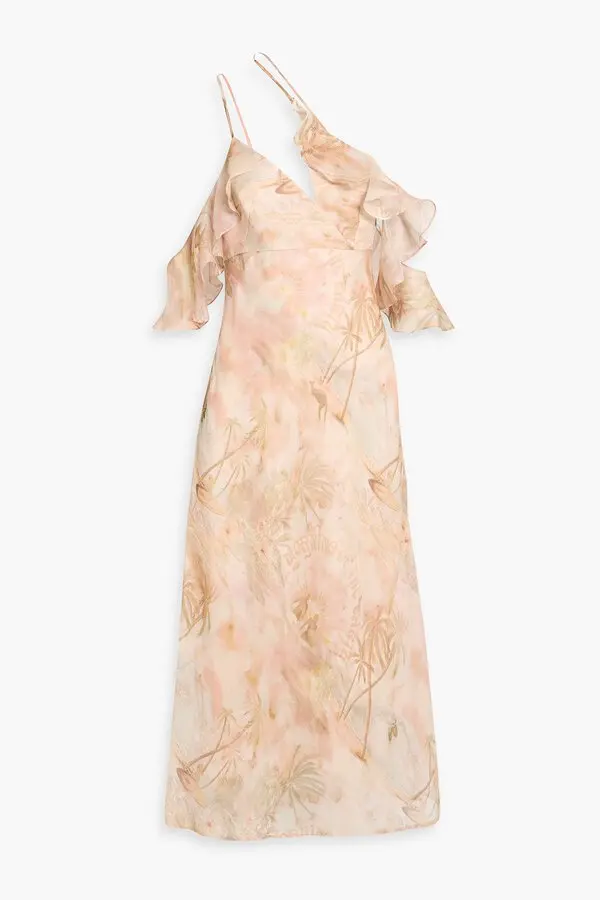 Zimmermann Ruffled Printed Linen And Silk-blend Midi Dress - Peach