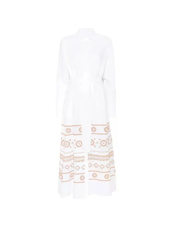 Eleventy Embroidered Belted Midi Shirt Dress - White