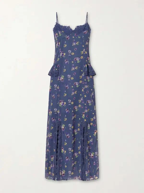 Anna Sui Floral-print Lace-trimmed Chiffon Midi Dress - Blue