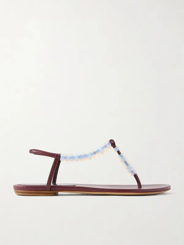 Le Monde Beryl Bead-embellished Leather Thong Sandals - Burgundy