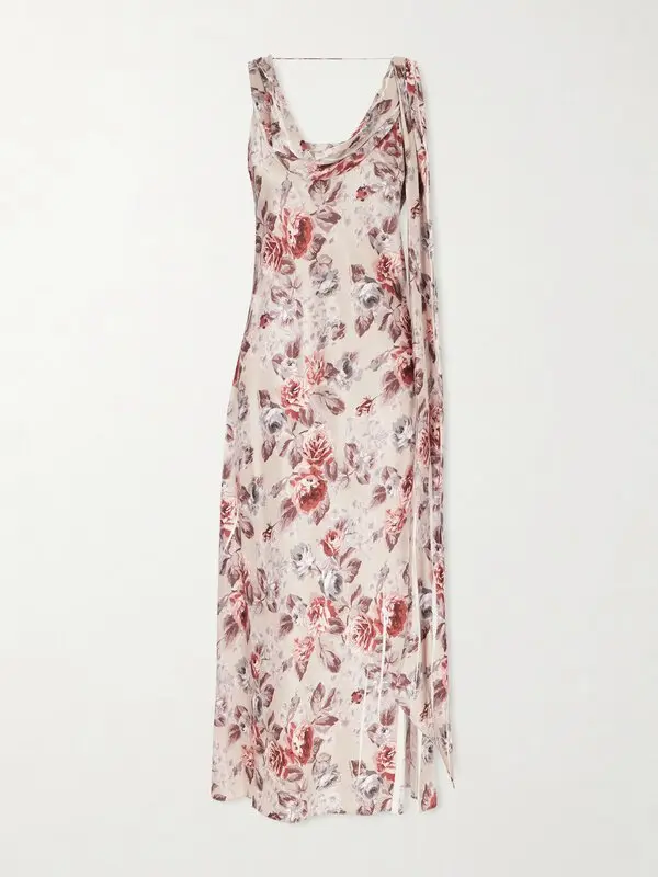 Acne Studios Tie-detailed Draped Floral-print Satin Midi Dress - Multi