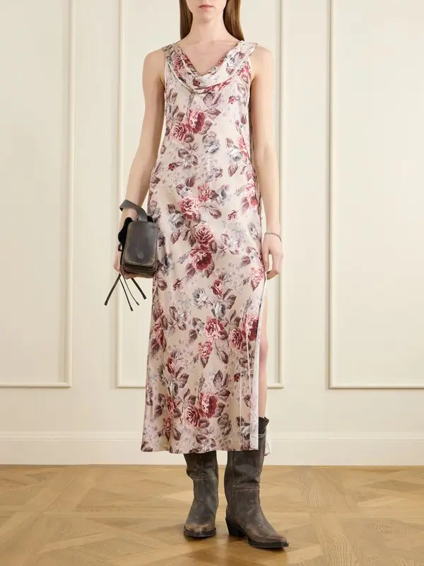 Acne Studios Tie-detailed Draped Floral-print Satin Midi Dress - Multi