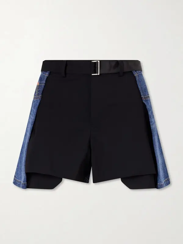 Sacai Belted Wool-trimmed Denim Shorts