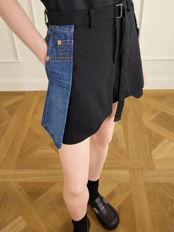 Sacai Belted Wool-trimmed Denim Shorts