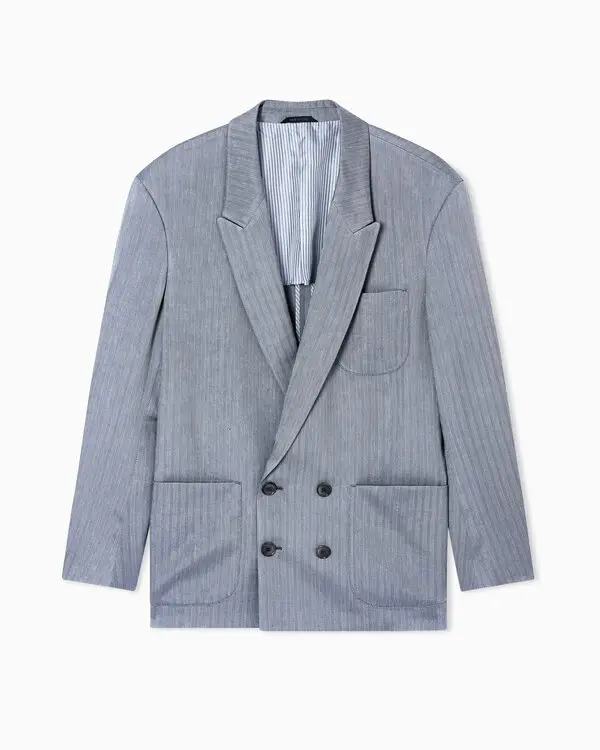Giorgio Armani Double-breasted Jacket In A Viscose, Linen And Silk Chevron - Grey