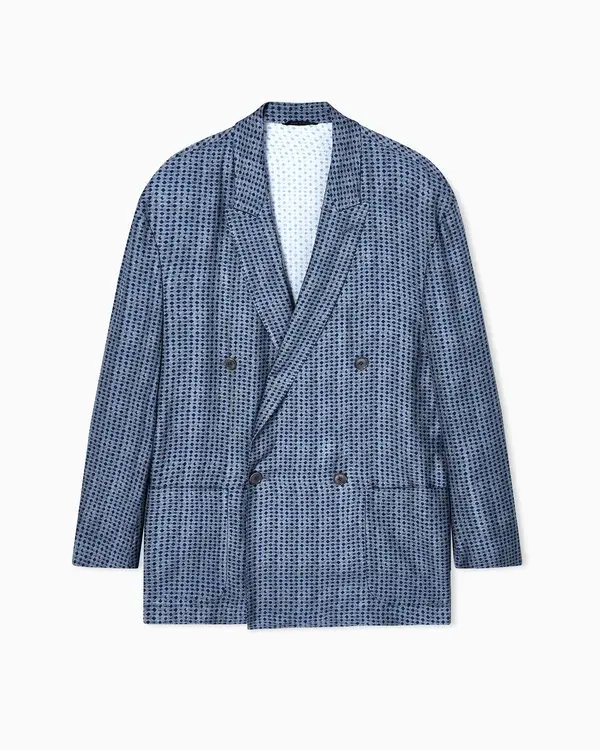 Giorgio Armani Double-breasted Jacket In Printed Viscose - Blue