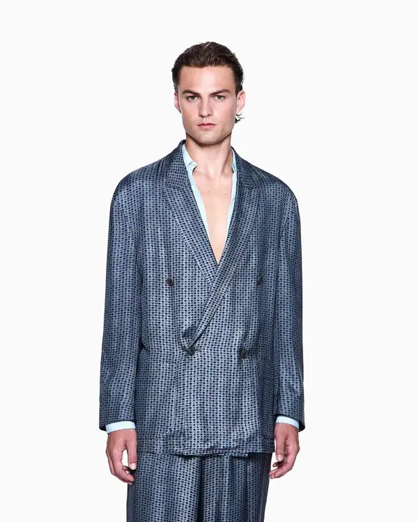 Giorgio Armani Double-breasted Jacket In Printed Viscose - Blue