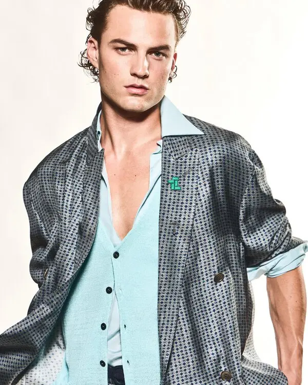 Giorgio Armani Double-breasted Jacket In Printed Viscose - Blue