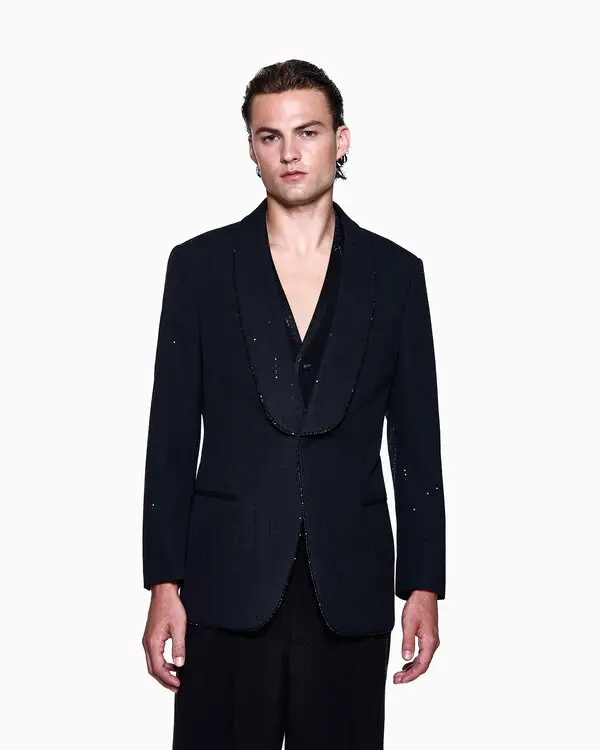 Giorgio Armani Soho Line Single-breasted Tuxedo Jacket In Virgin Wool With Sequins - Black