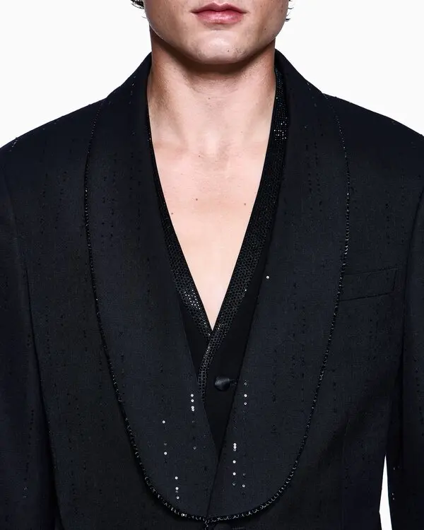 Giorgio Armani Soho Line Single-breasted Tuxedo Jacket In Virgin Wool With Sequins - Black
