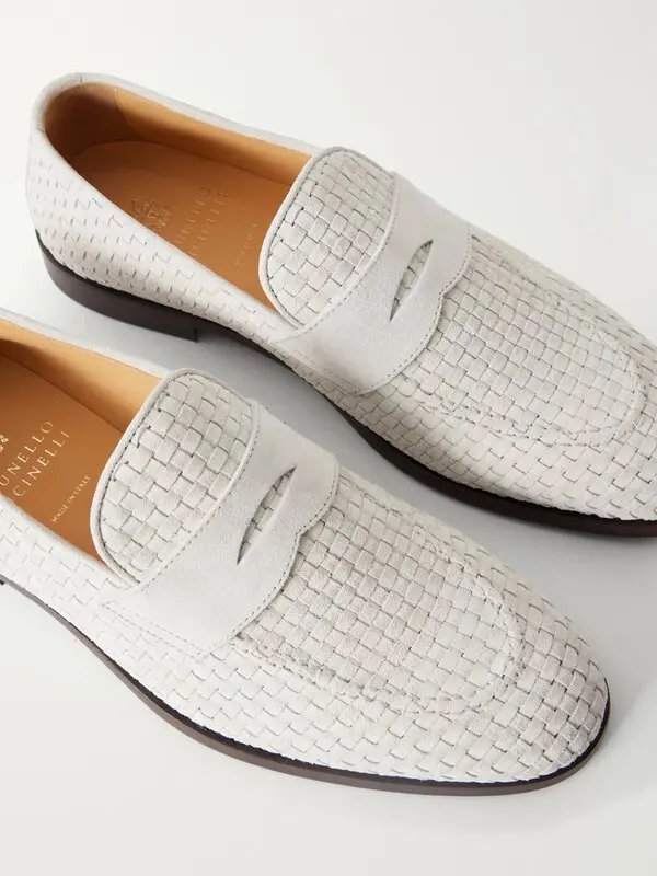 Brunello Cucinelli Woven Suede Penny Loafers - Gray