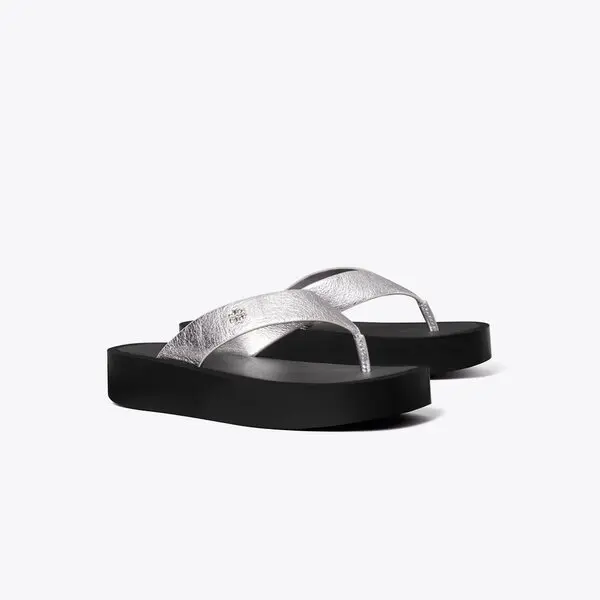 Tory Burch Leather Platform Flip Flop - Silver/perfect Black/silver