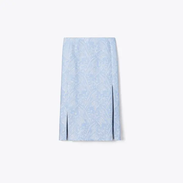 Tory Burch Silk Jacquard Straight Skirt - Light Blue Wispy Flower