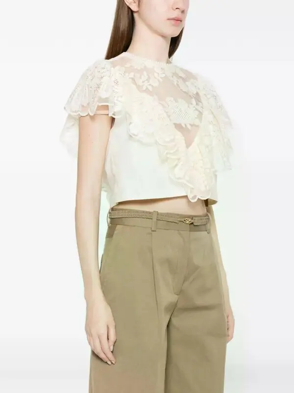 Sandro Floral Guipure Lace Crop Top With Ruffled Sleeves