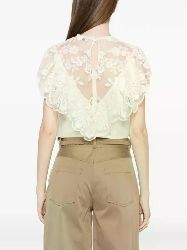 Sandro Floral Guipure Lace Crop Top With Ruffled Sleeves