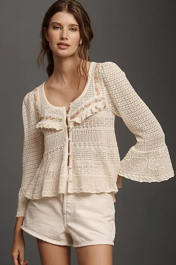 Anthropologie Cotton Bell-sleeve Sweater - Ivory