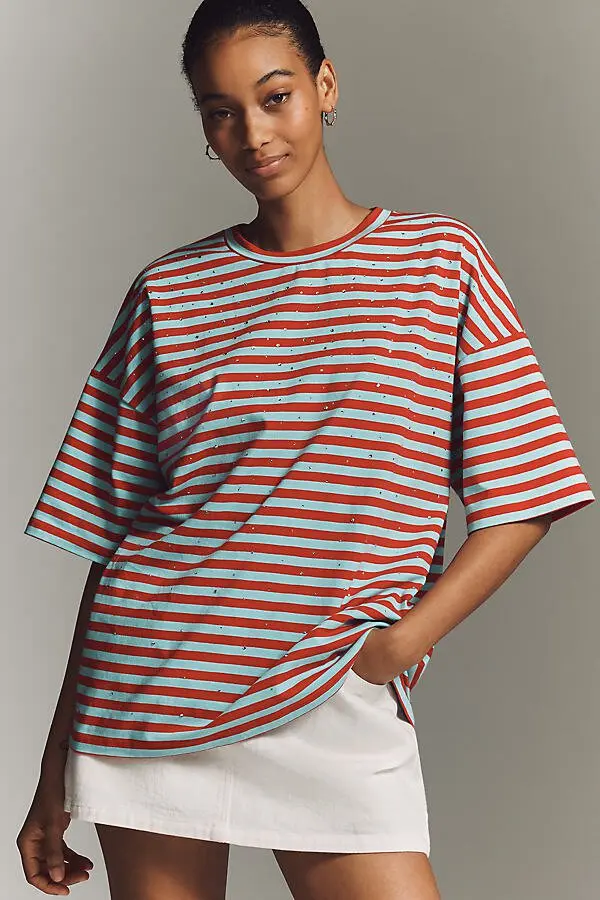 Essentiel Antwerp Striped Rhinestone T-shirt Top - Red Stripe