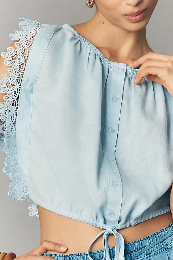 Anthropologie 100% Linen Tie-front Crop Blouse With Lace Trim