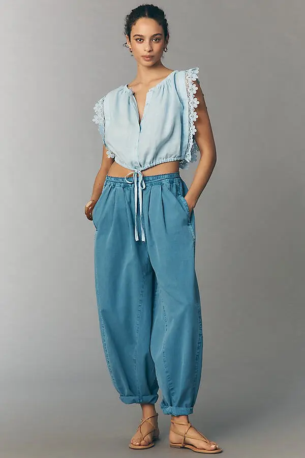 Anthropologie 100% Linen Tie-front Crop Blouse With Lace Trim