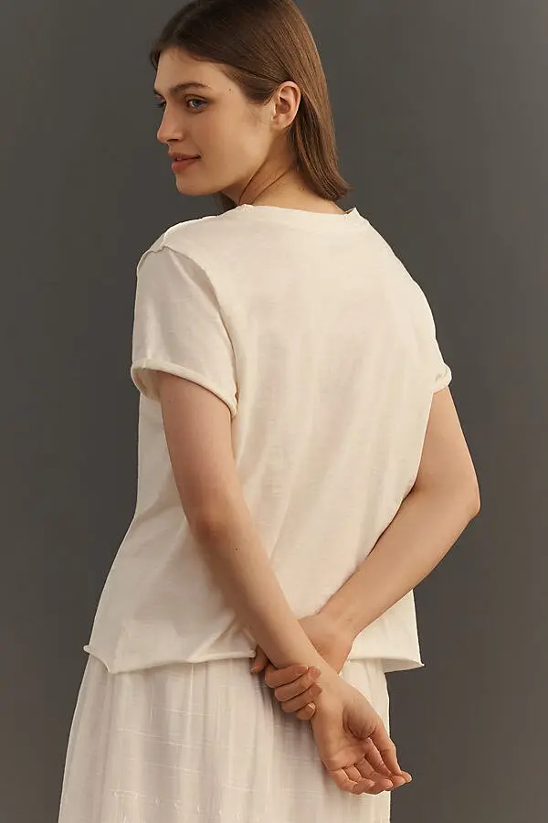 Maeve Cotton Boxy Tee With Rolled Sleeves - Neutral Pattern